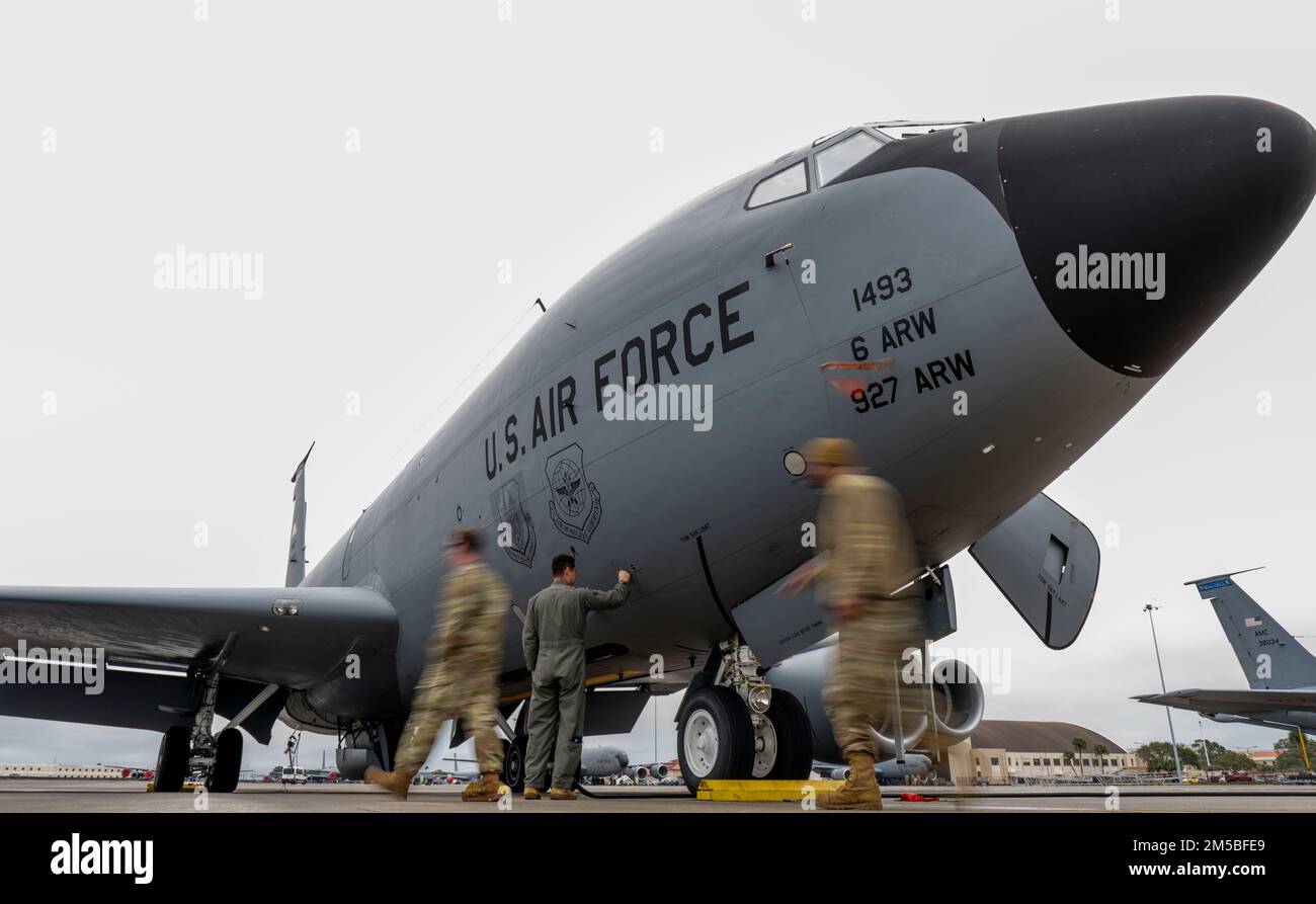 Aircrew assigned to the 91st Air Refueling Squadron perform pre-flight ...