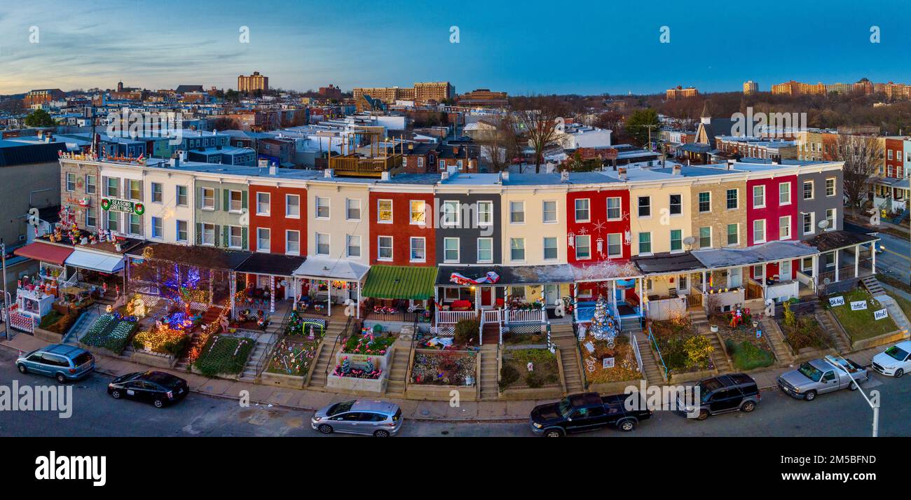 Aerial view of 34th street block row houses with famous Christmas ...