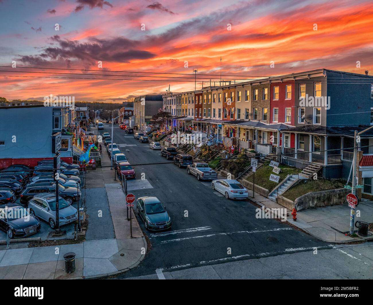 Aerial view of 34th street block row houses with famous Christmas ...
