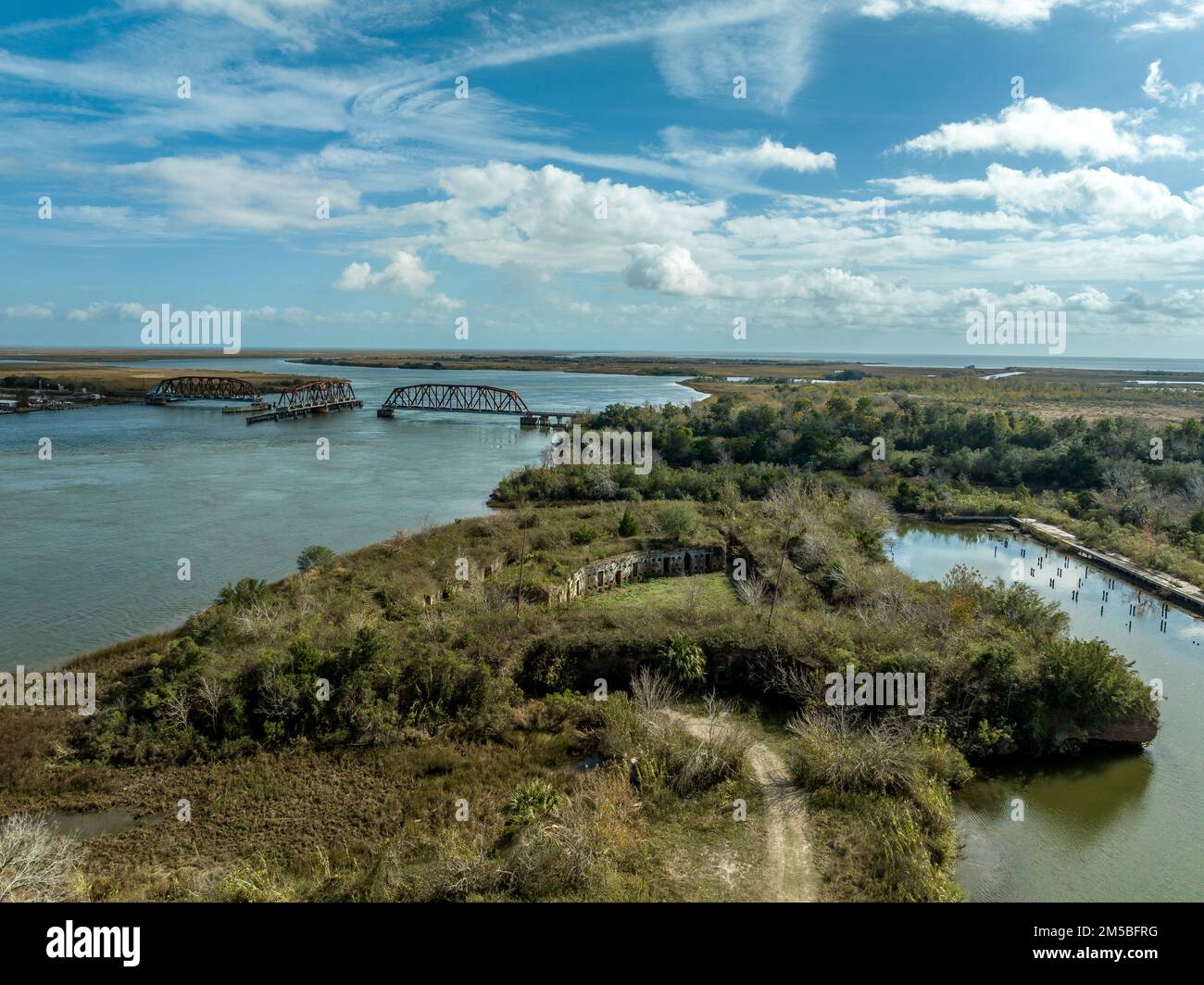 Aerial view of Fort Macomb ruined brick fort in Louisiana with two ...