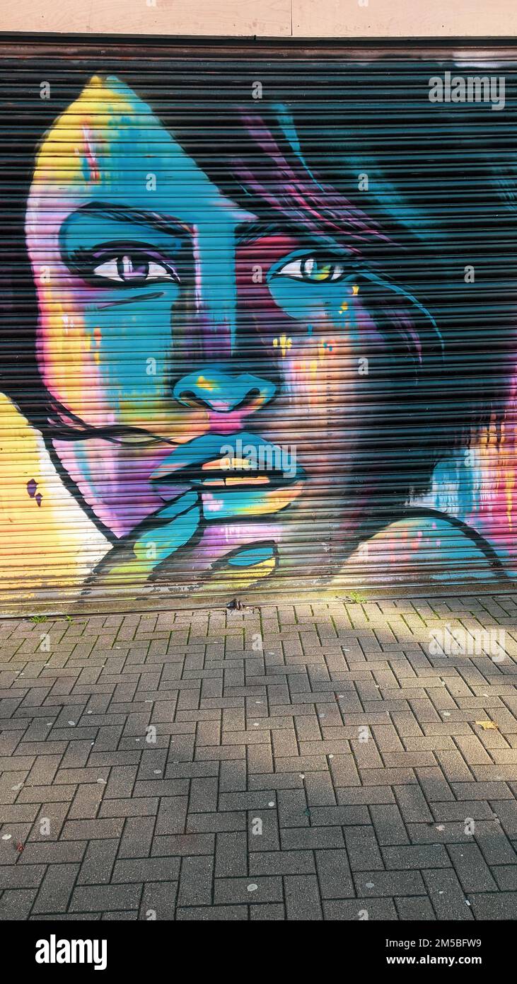 A vertical shot of Street with art graffiti girl portrait on a rolling ...