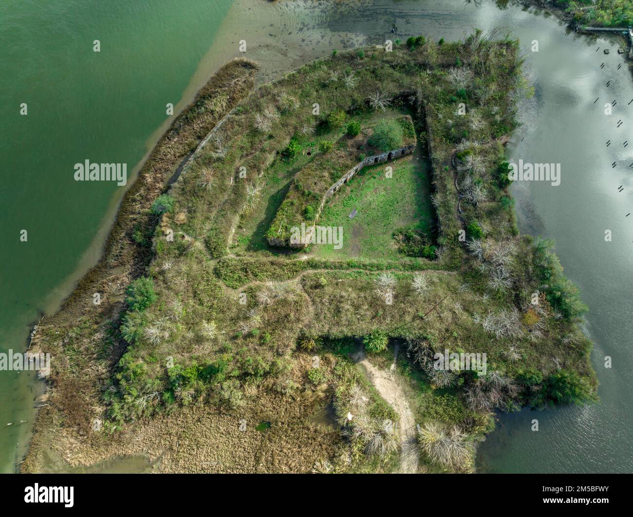Aerial view of Fort Macomb ruined brick fort in Louisiana with two ...