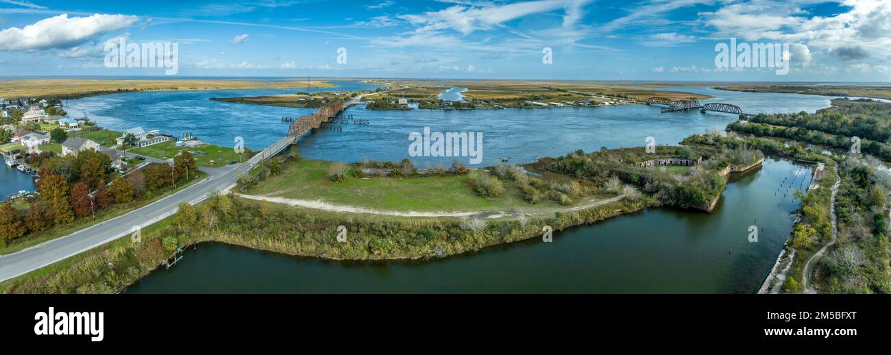 Aerial view of Fort Macomb ruined brick fort in Louisiana with two ...