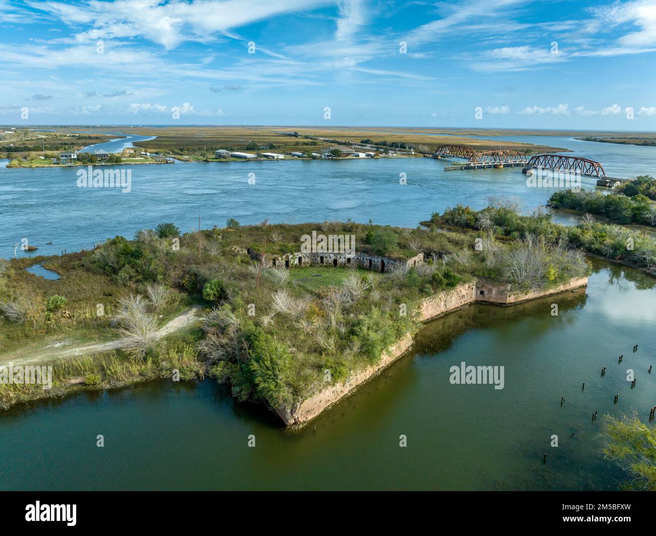 Aerial view of Fort Macomb ruined brick fort in Louisiana with two ...