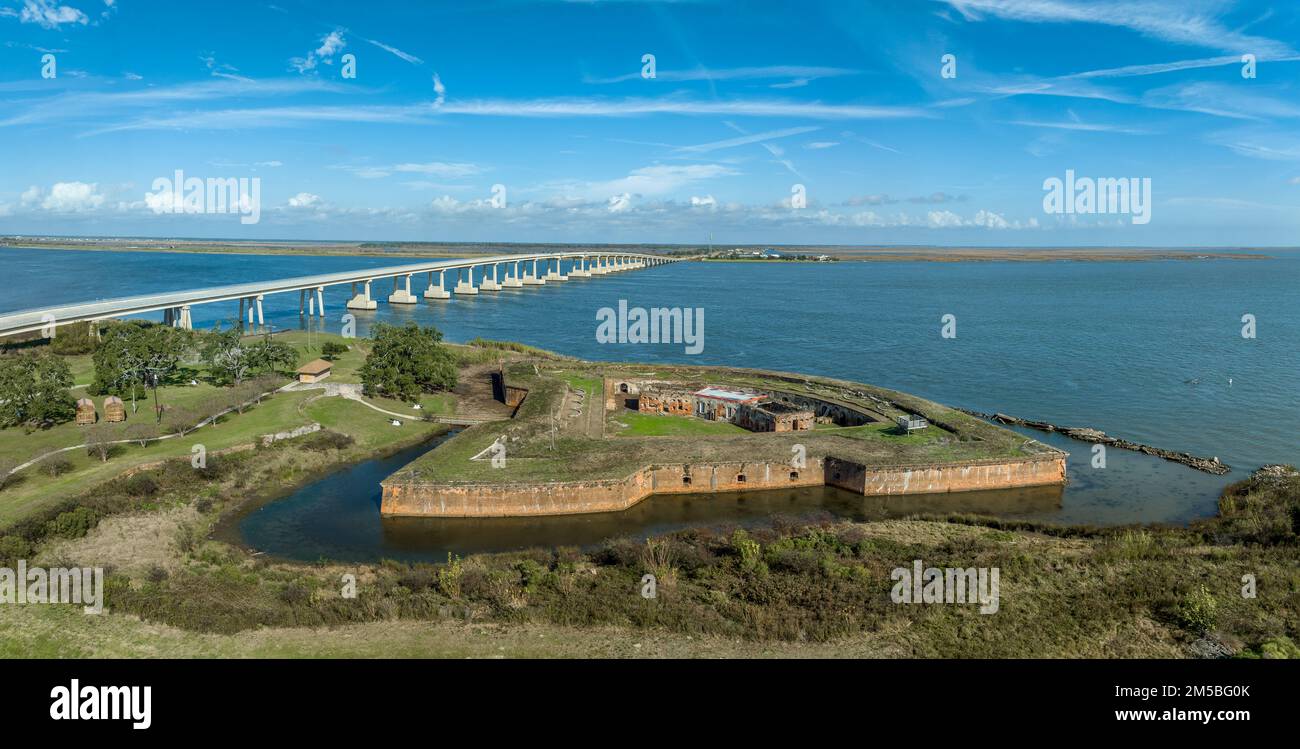 Aerial view of Fort Pike National Historic Monument brick fort and ...