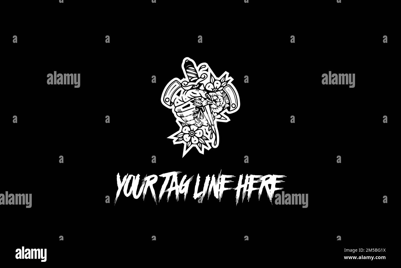 A vector design artwork logo of hand holding sword with flowers in ...