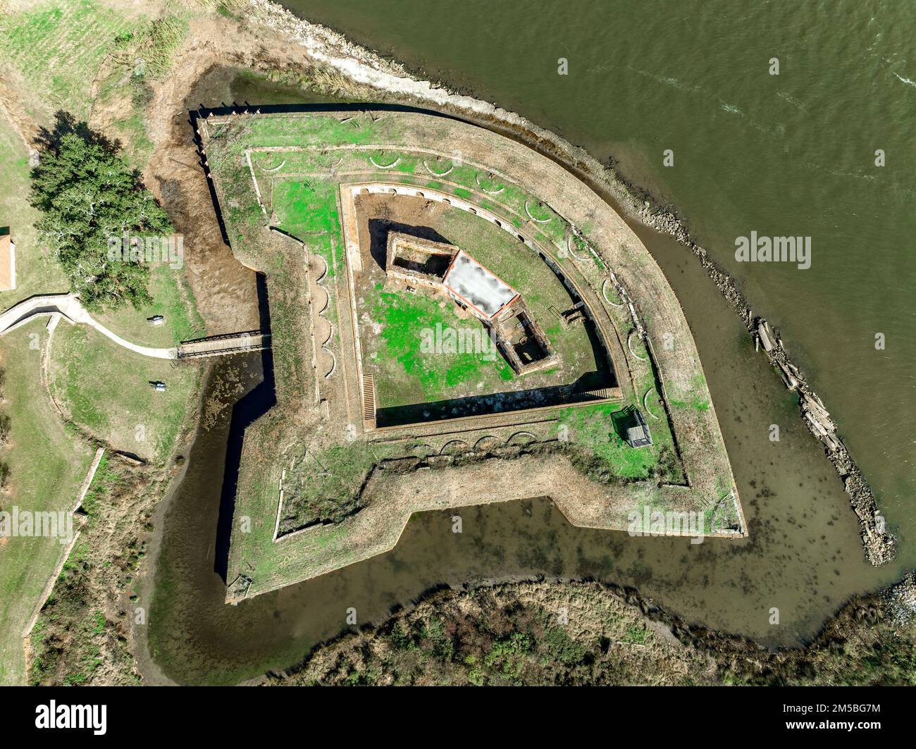 Aerial view of Fort Pike National Historic Monument brick fort and ...