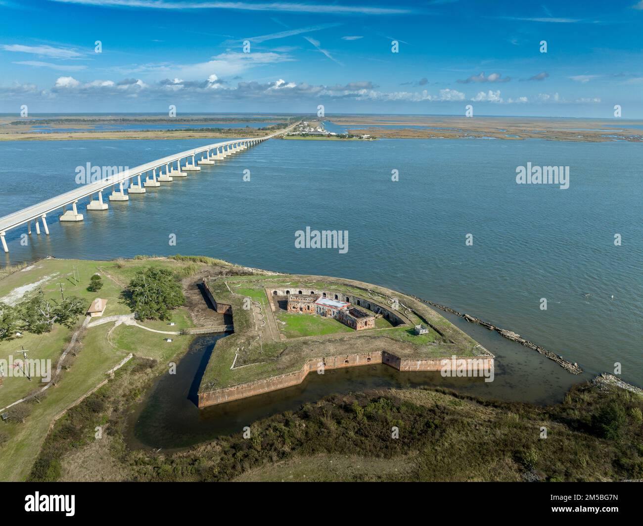 Aerial view of Fort Pike National Historic Monument brick fort and ...