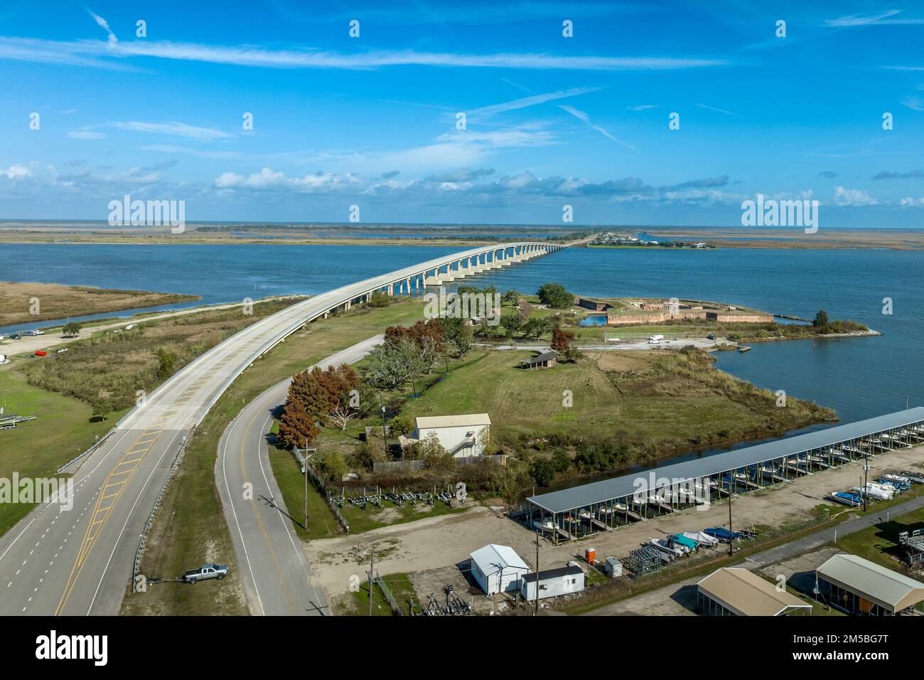 Aerial view of Fort Pike National Historic Monument brick fort and ...