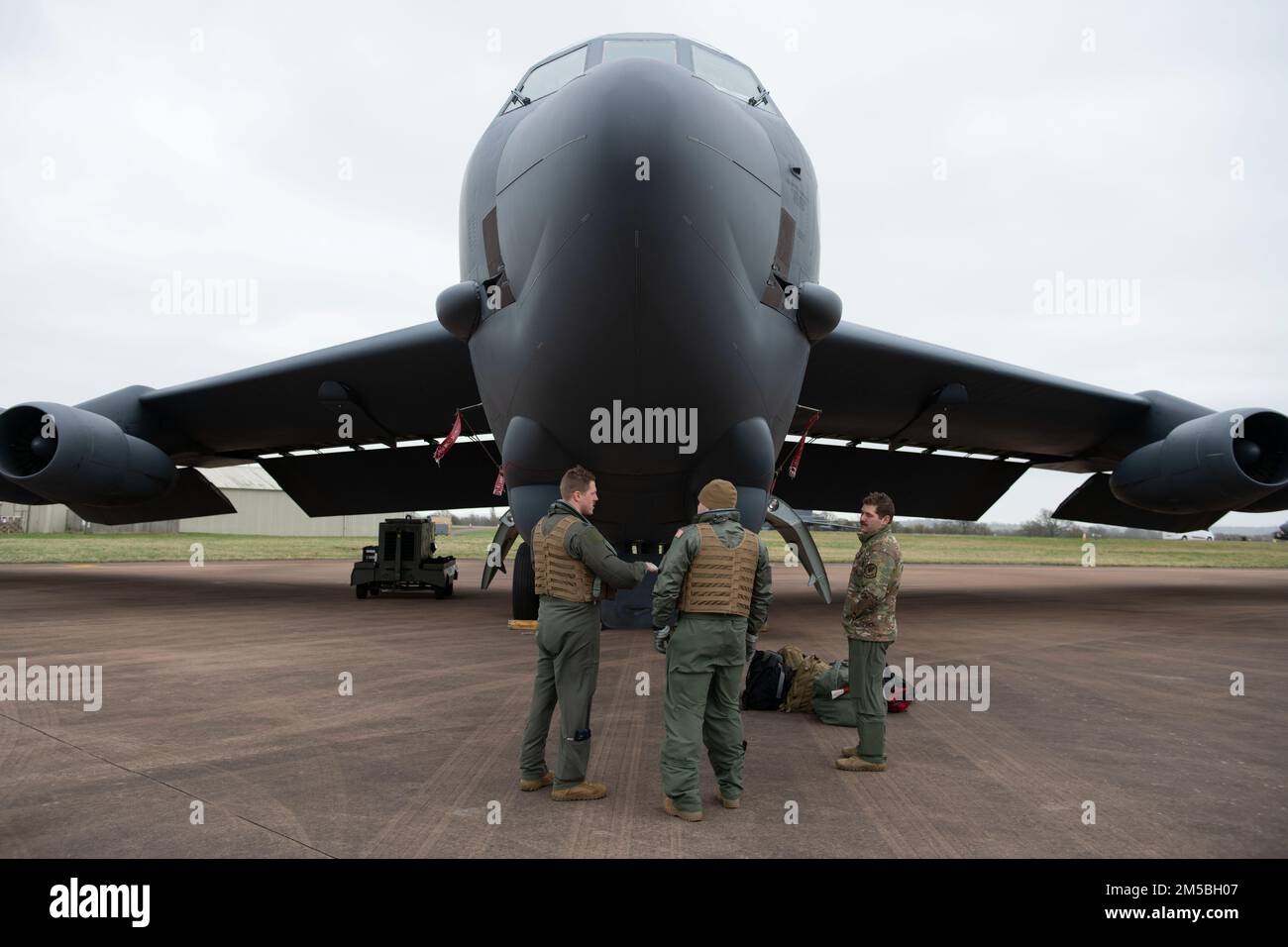 A U.S. Air Force B-52H Stratofortress pilot, left, assigned to the 69th ...