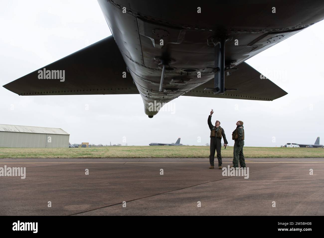 A U.S. Air Force B-52H Stratofortress pilot, left, assigned to the 69th ...