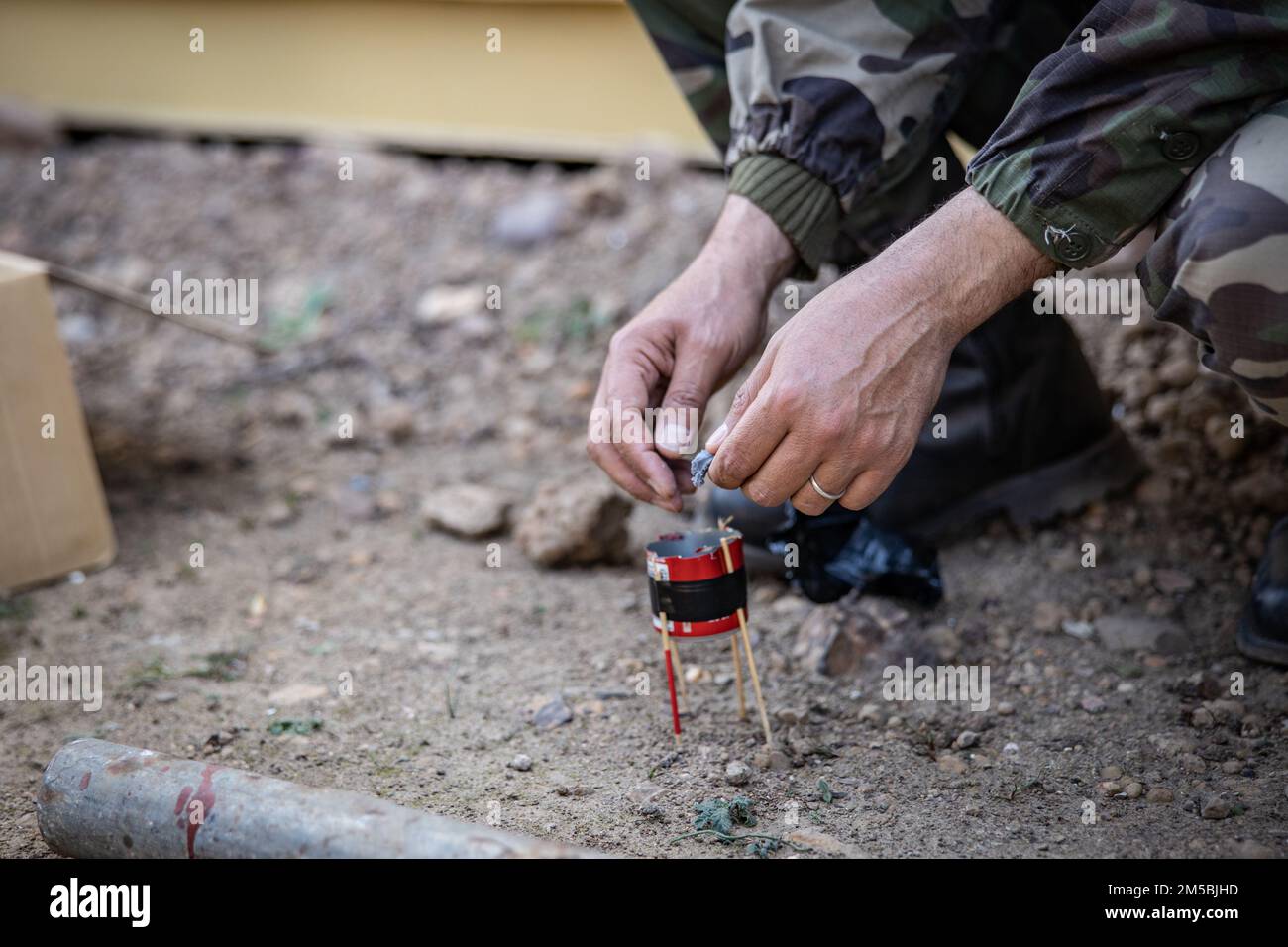 A Royal Moroccan Armed Forces (FAR) soldier places explosives into an ...
