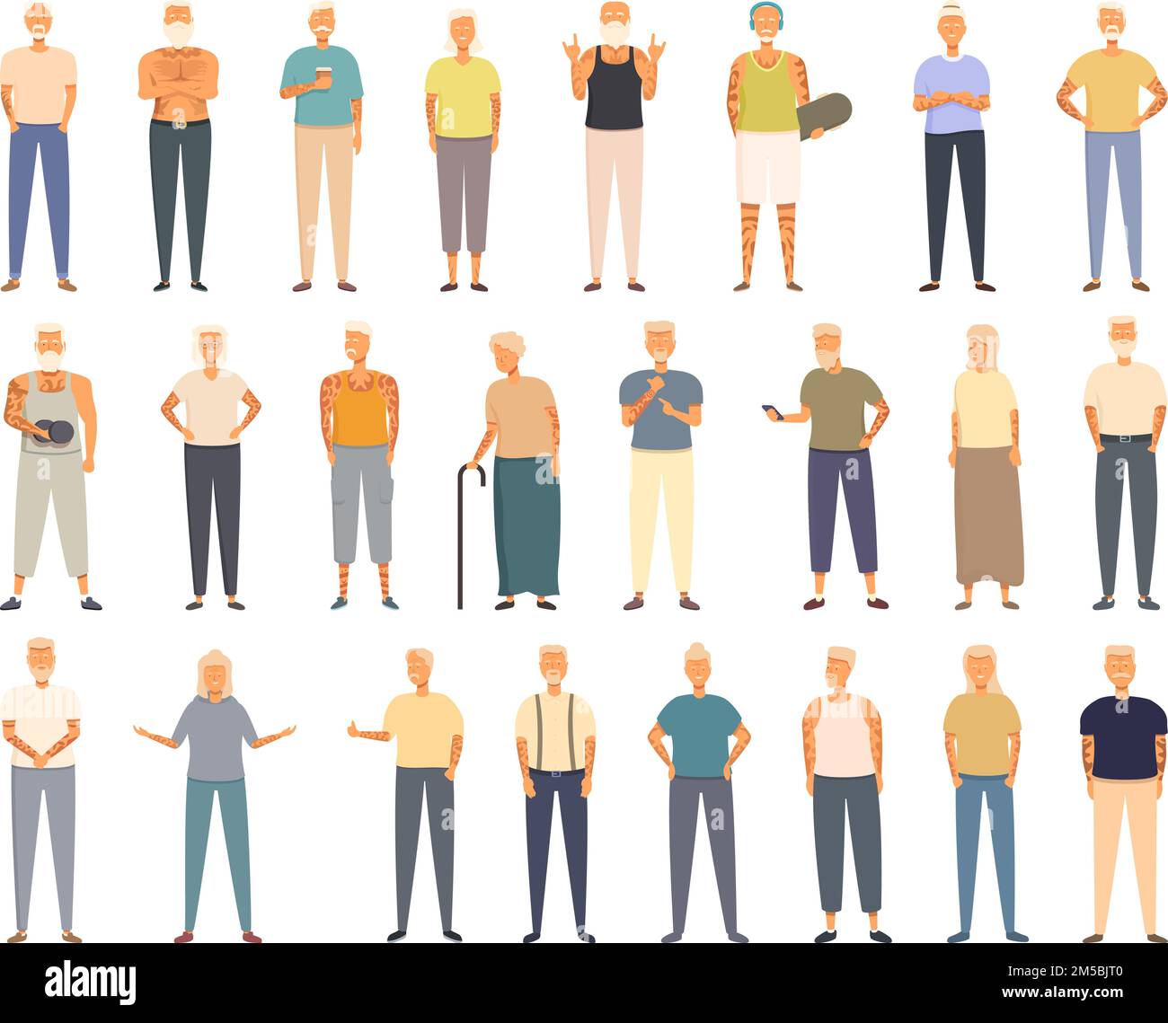 Tattoos in old age icons set cartoon vector. Rock granny. Rocker ...