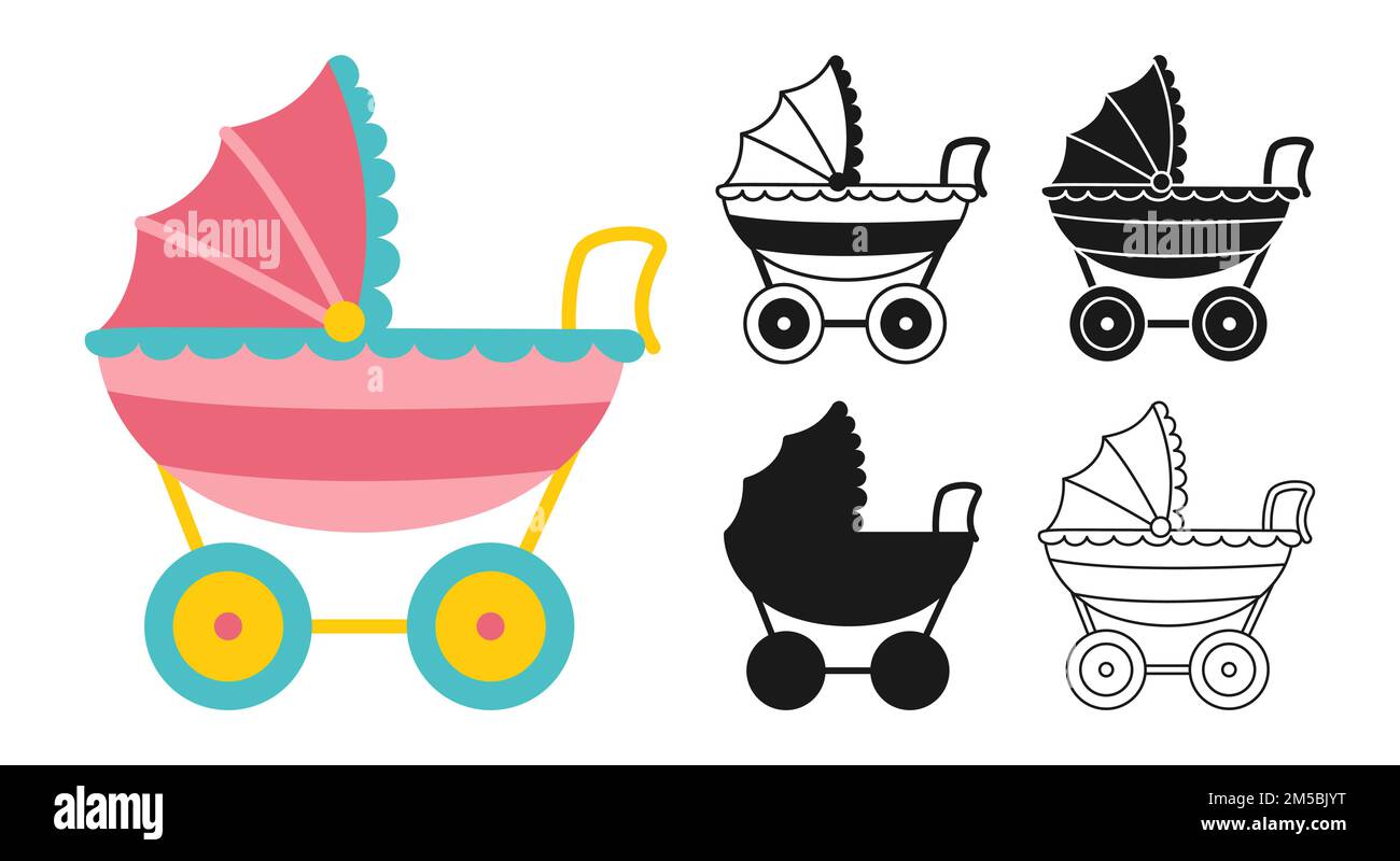 Baby carriage cartoon icon set. Pram baby stroller symbol line or ...