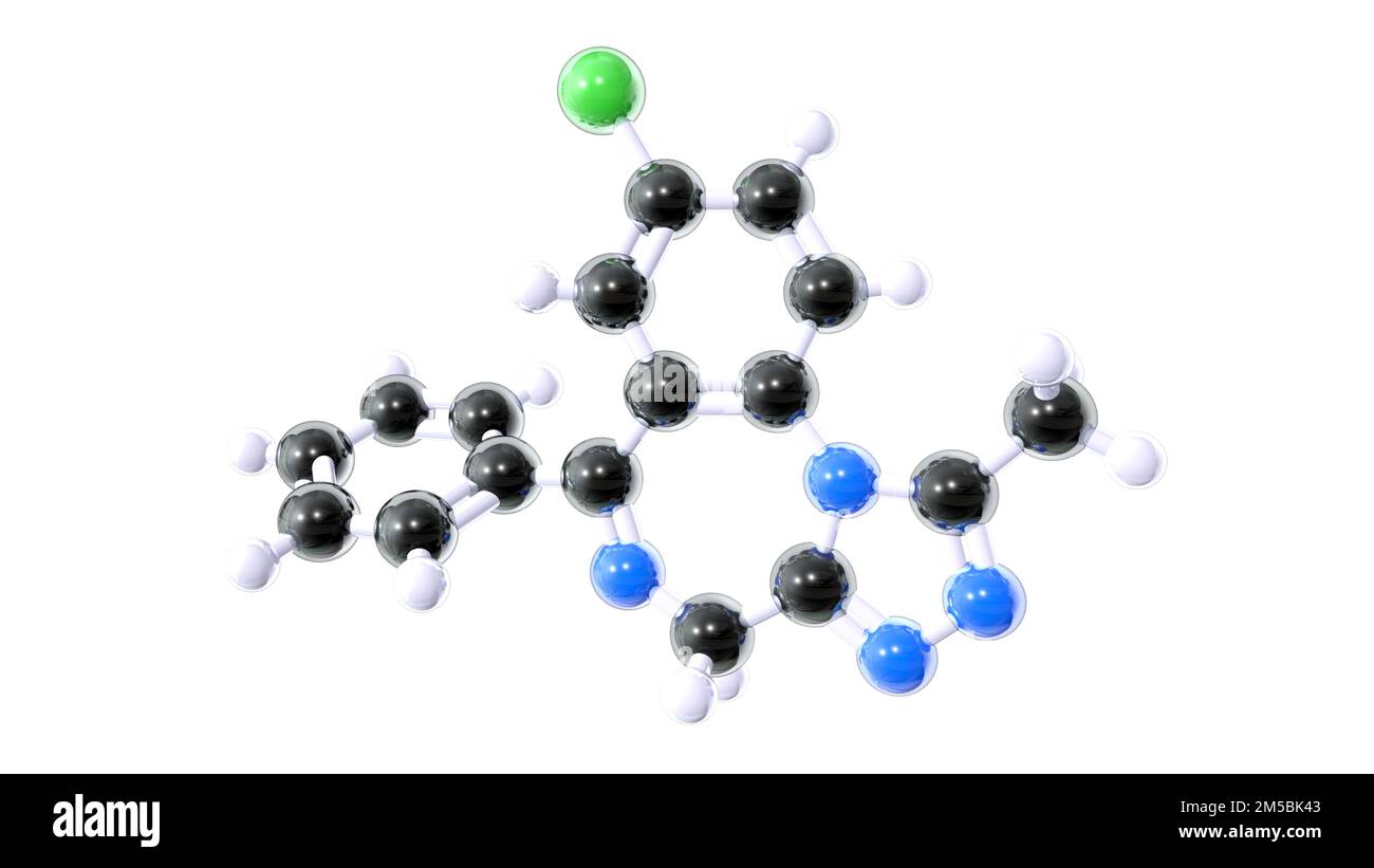 Alprazolam. Molecular model of the sedative drug alprazolam. Sold under ...