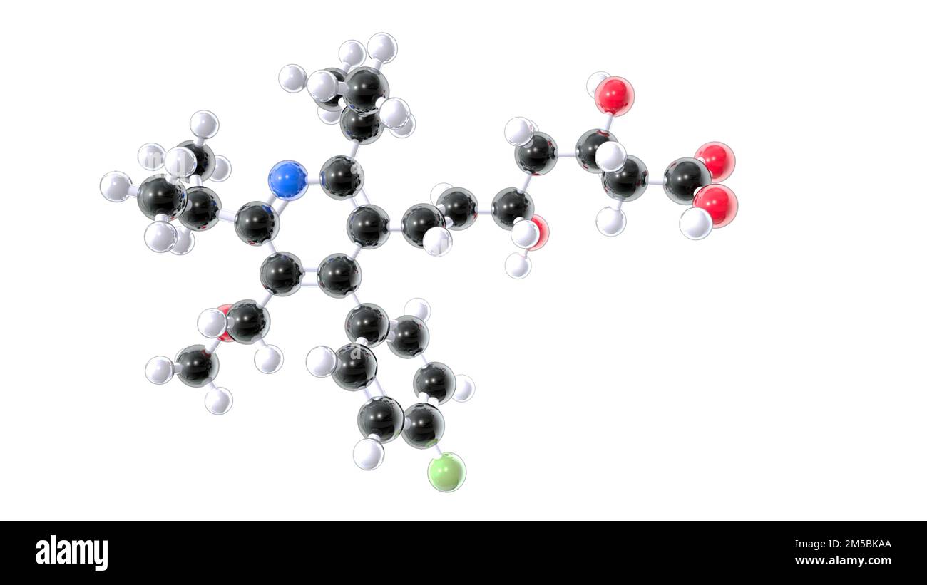 Cerivastatin drug, molecular model. This is a statin drug, used to ...