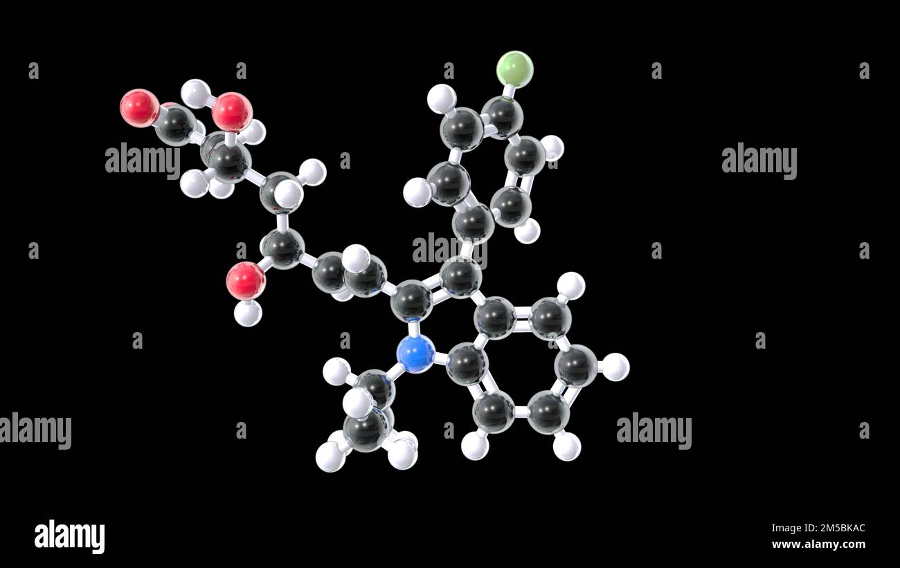 Fluvastatin drug, molecular model. This is a statin drug, used to treat ...
