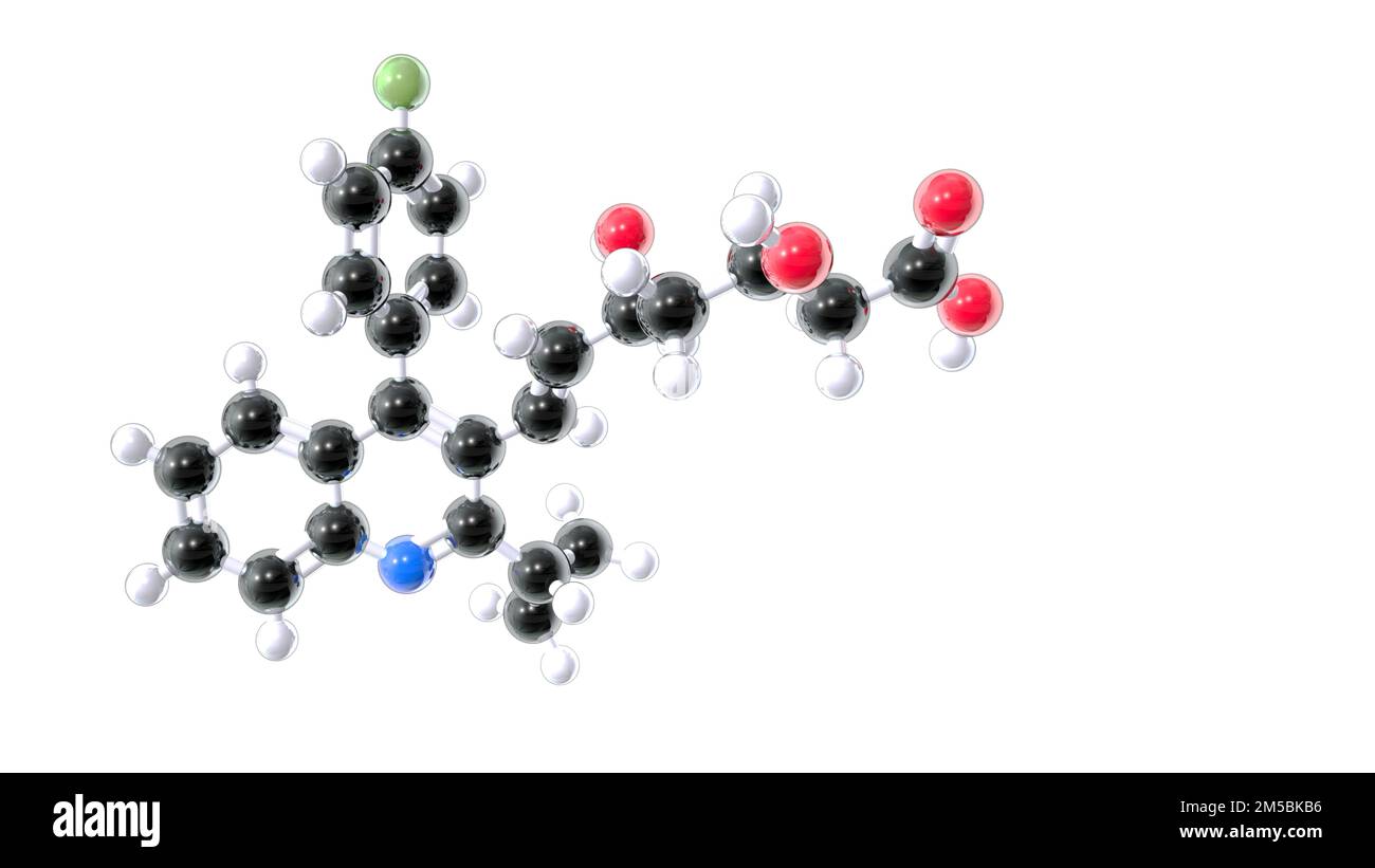 Pitavastatin drug, molecular model. This is a statin drug, used to ...