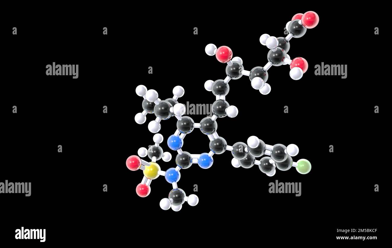 Rosuvastatin drug, molecular model. This is a statin drug, used to ...