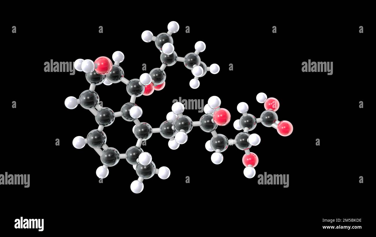 Pravastatin drug, molecular model. This is a statin drug, used to treat ...