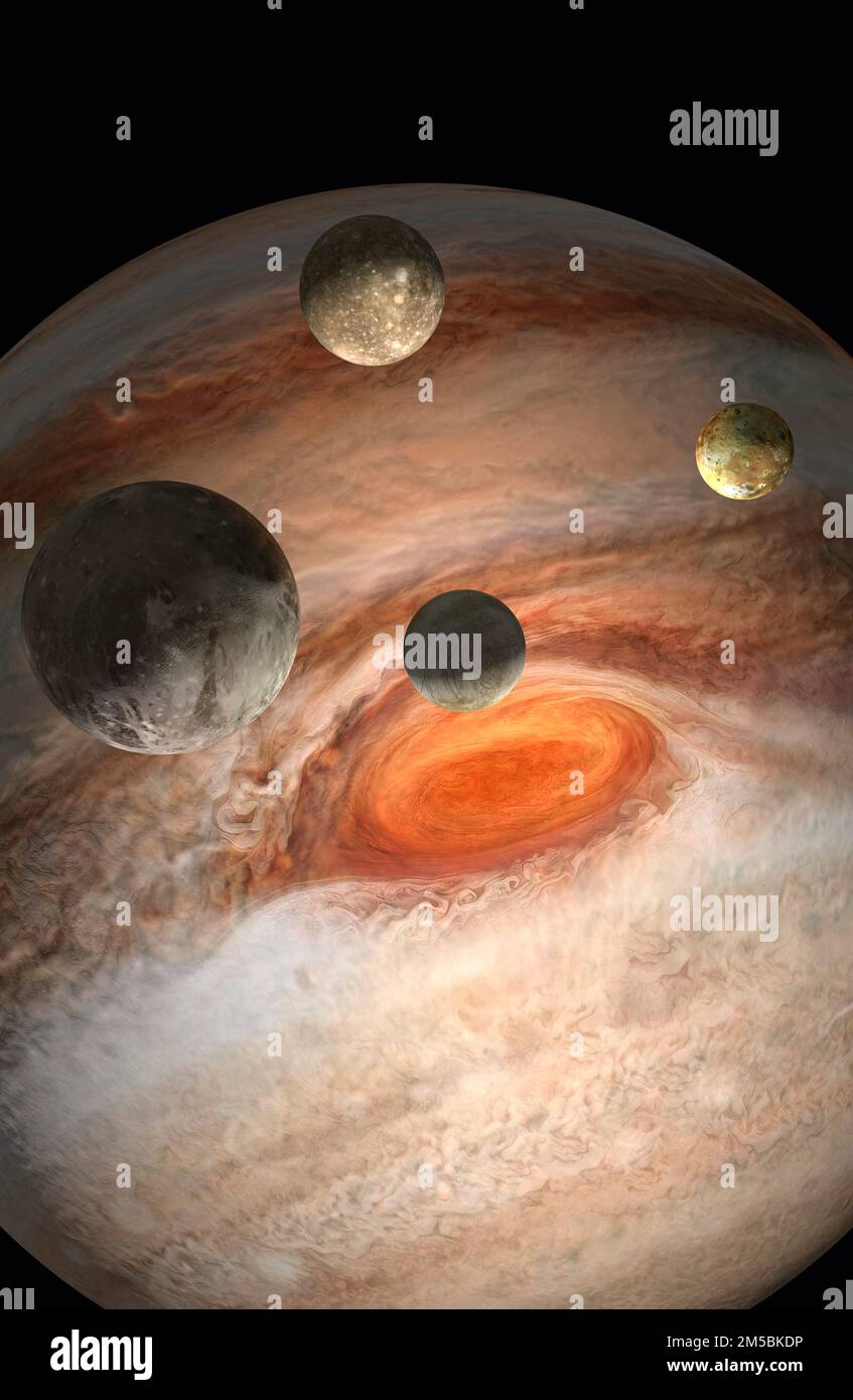 Illustration of Jupiter and its four Galilean moons; Io, Europa ...