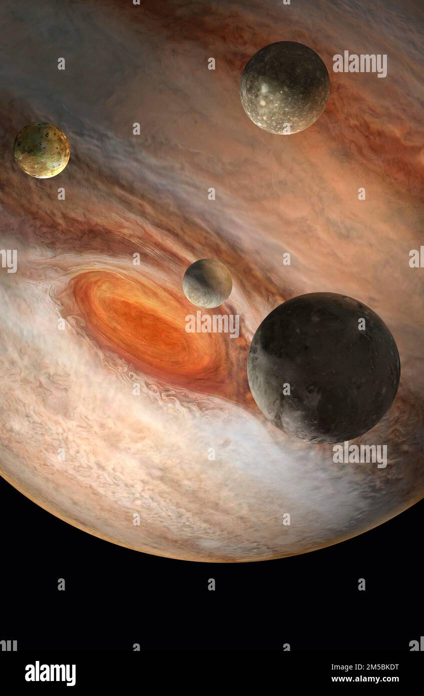 Illustration of Jupiter and its four Galilean moons; Io, Europa ...