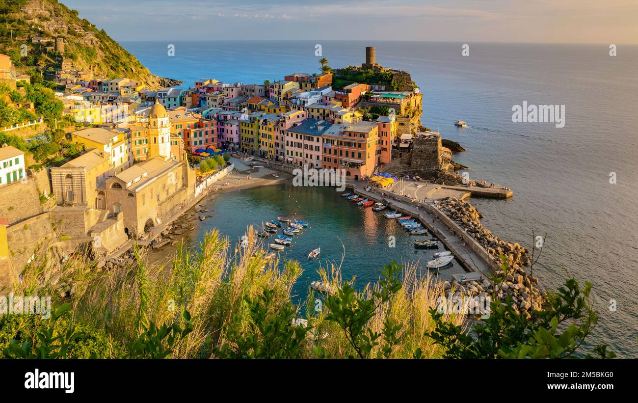 Sunset at Vernazza village Cinque Terre National Park Italy, The ...