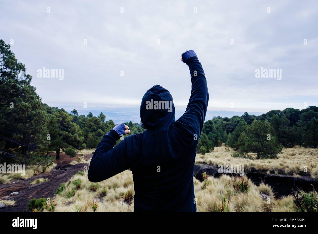 man raises his hands in victory on top of a mountain Stock Photo - Alamy