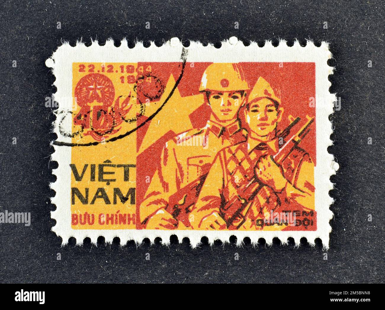 Cancelled postage stamp printed by Vietnam, that shows Vietnamese army ...
