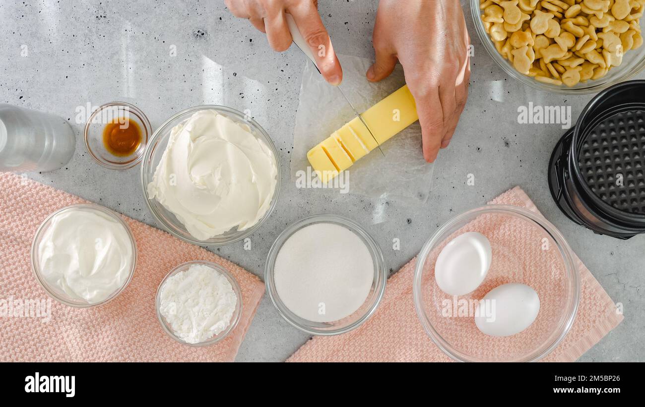 Cheesecake recipe. Ingredients close-up on the kitchen table. Cream ...