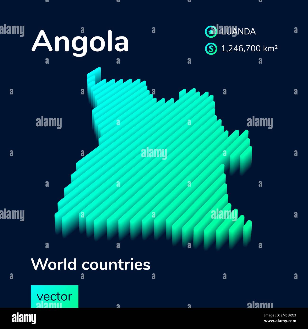 Angola 3D map. Stylized neon digital isometric striped vector Map of ...