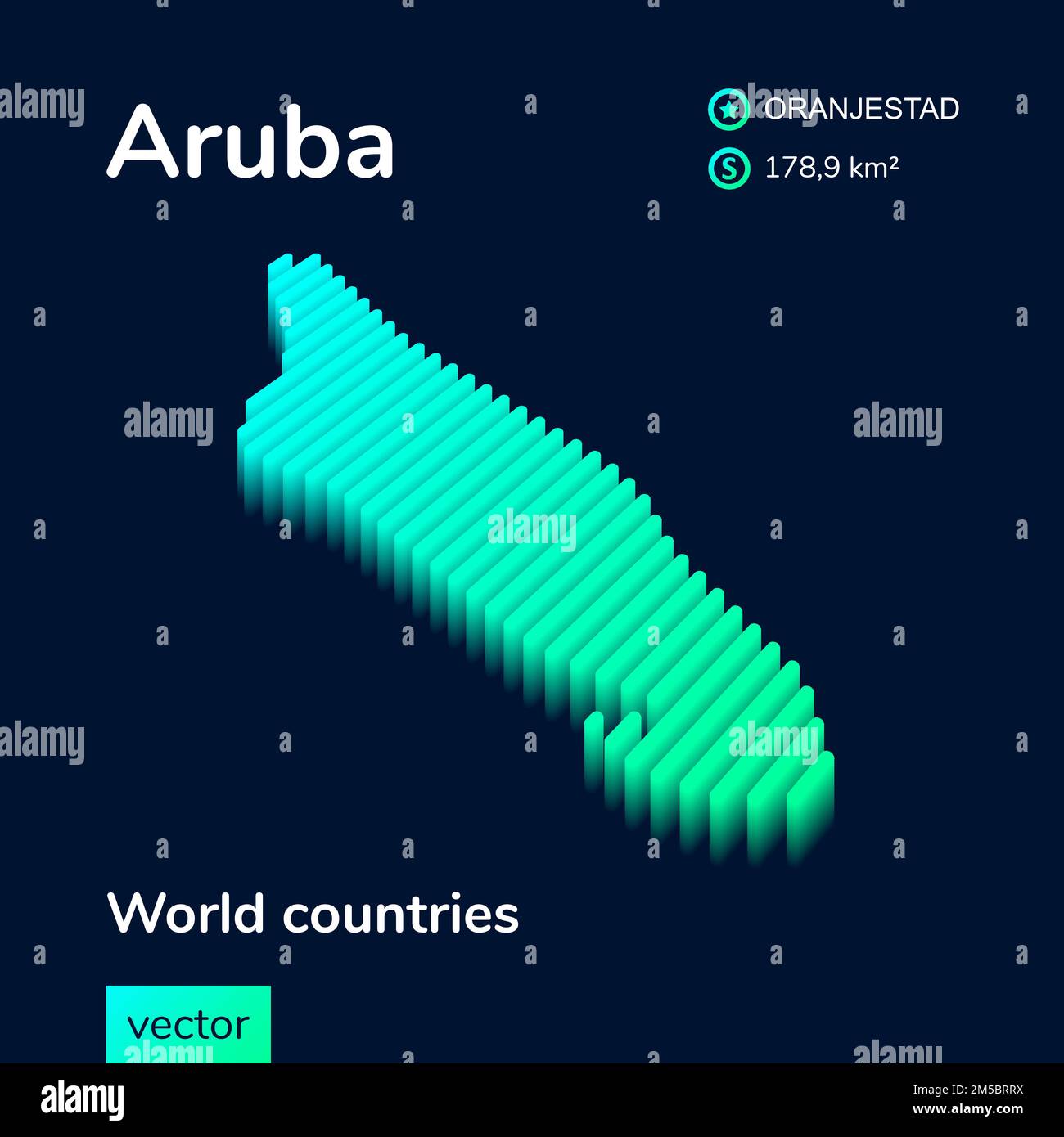3D map of Aruba, Holland. Stylized neon isometric striped vector Aruba ...