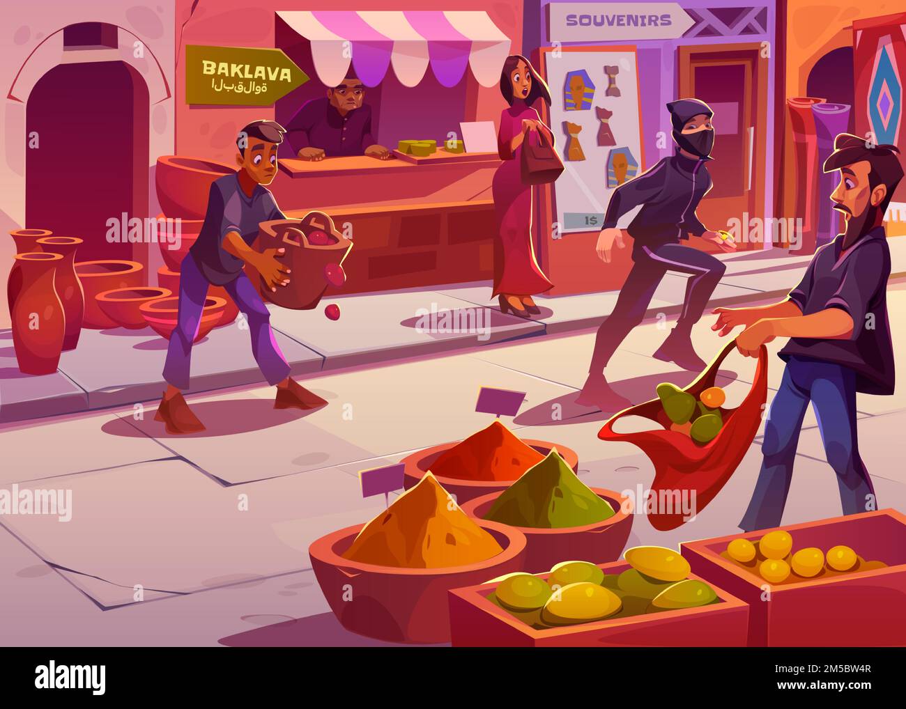 Scene on arabic market with thief run off, scared woman and man drops ...