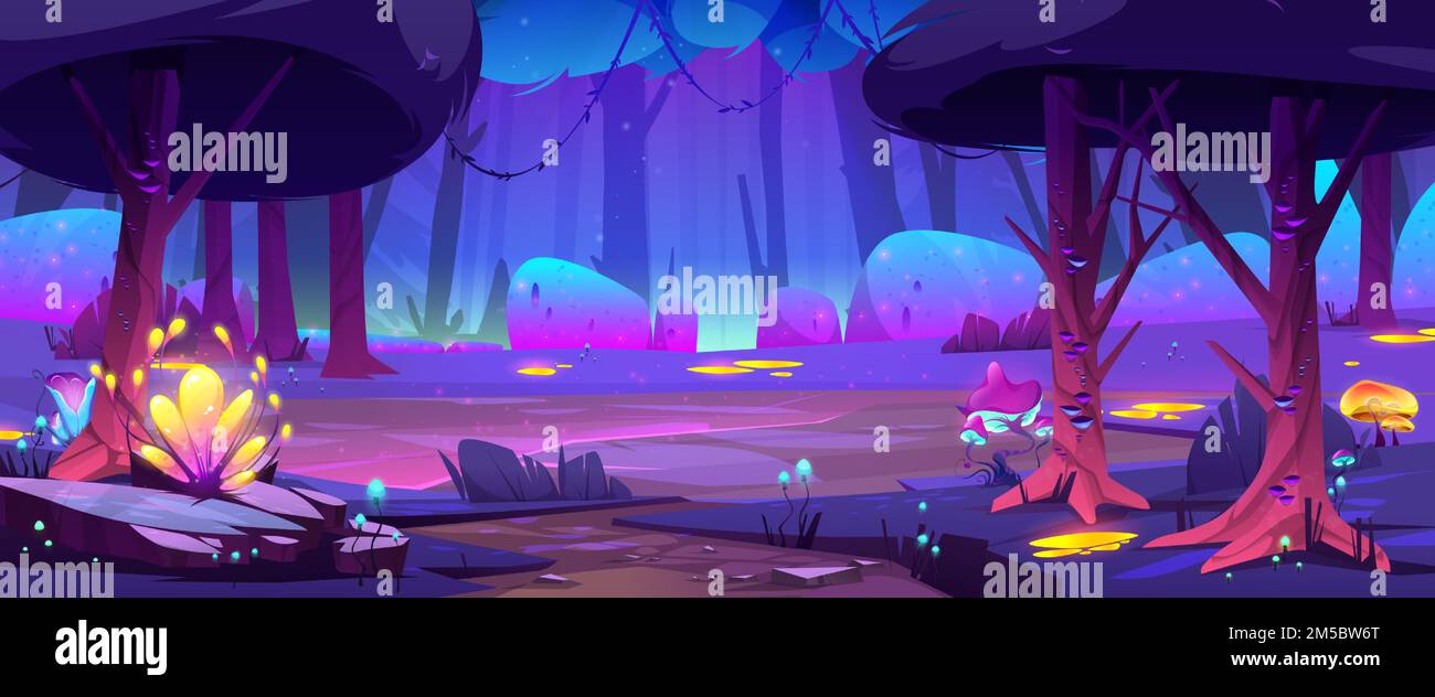 Glade in magic forest at night. Fantastic woods landscape with trees ...