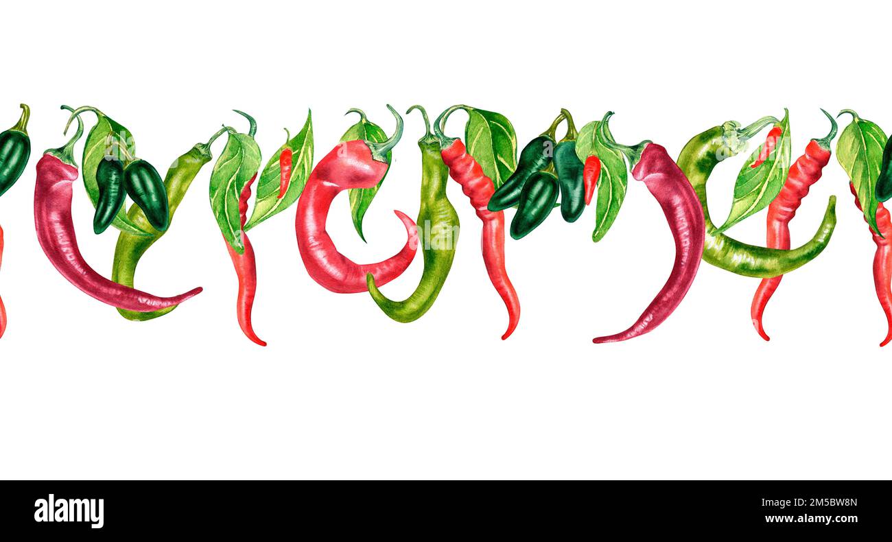 Seamless board of various hot peppers watercolor isolated on white ...
