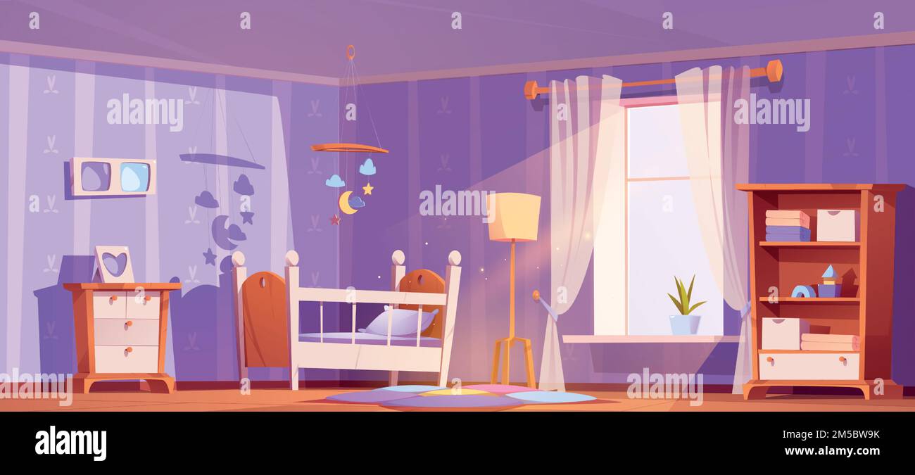 Baby room, nursery bedroom with cot bed, furniture, carpet, floor lamp ...