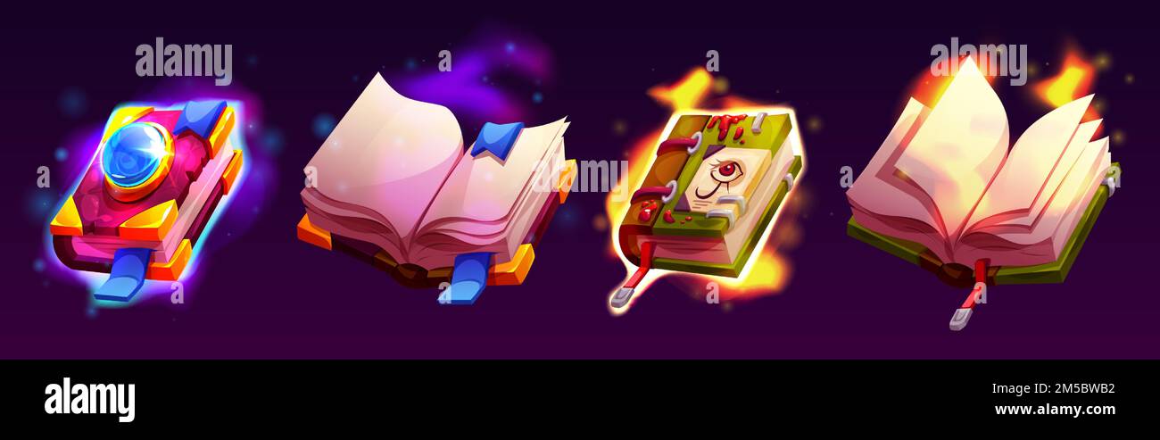 Medieval books of magic spells with mystery shine. Game icons of open ...