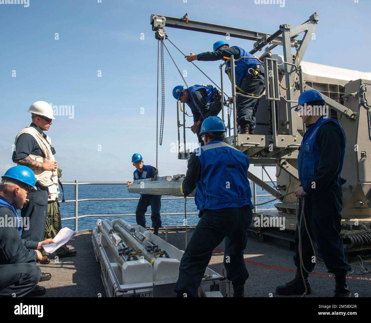 220224-N-WD859-1032 ATLANTIC OCEAN (Feb. 24 2022) Sailors load ordnance ...