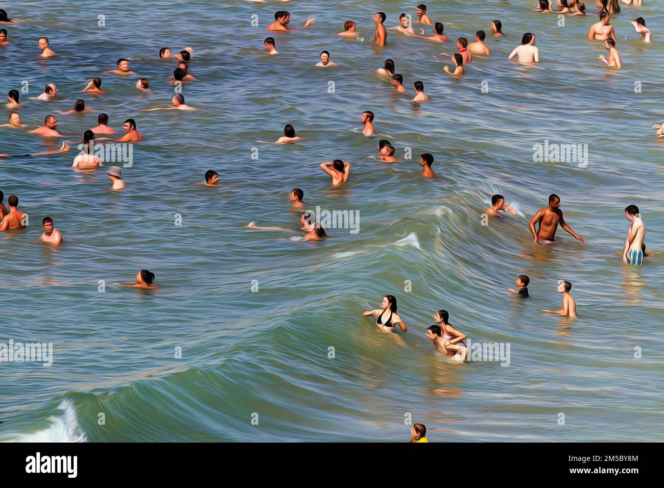 View from above of anonymous crowd on the beach, tourists swimming in ...