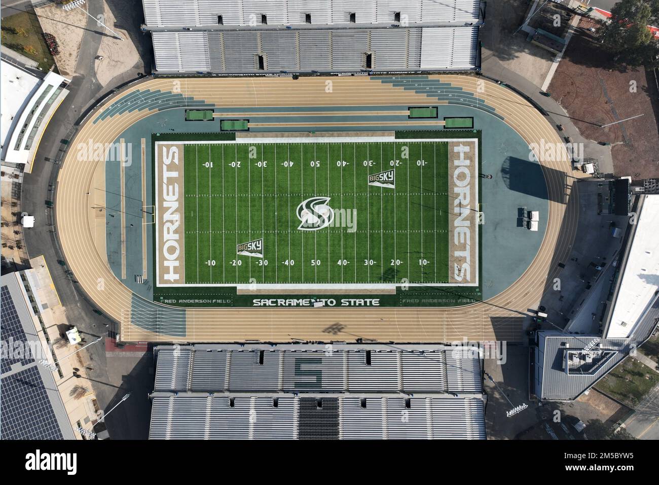 A general overall aerial view of the track and Football field at Hornet ...