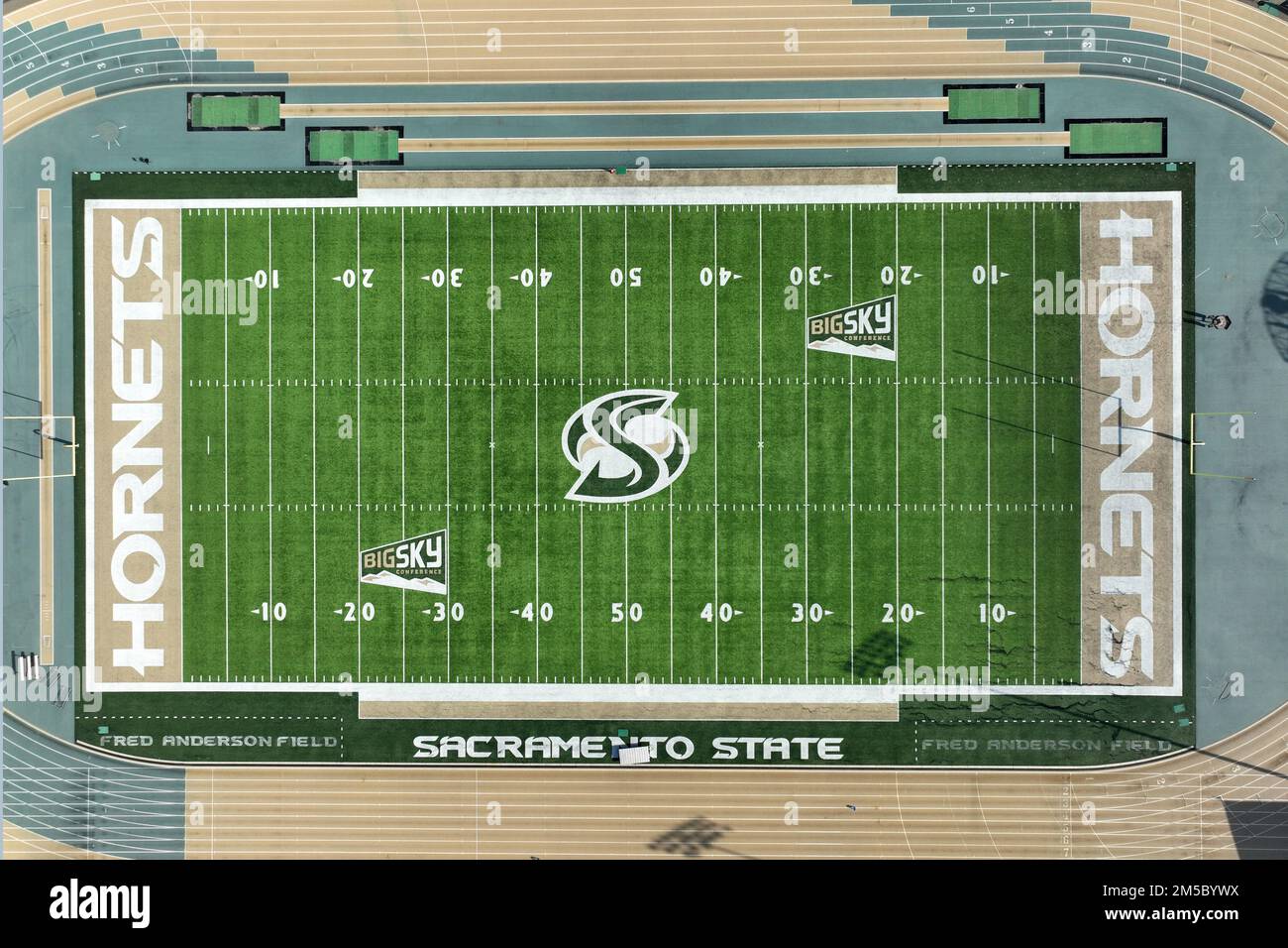 A general overall aerial view of the track and Football field at Hornet ...