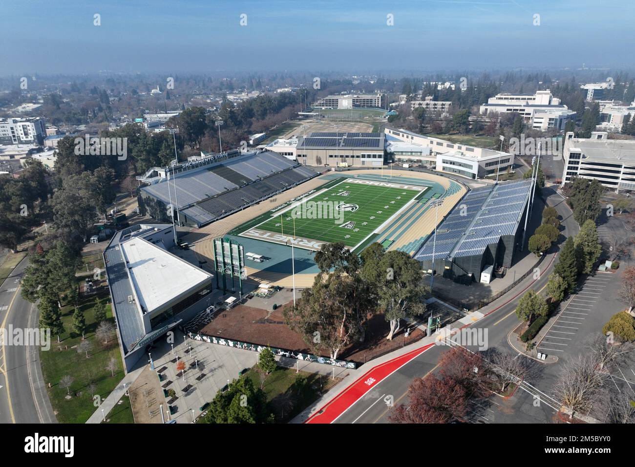 A general overall aerial view of the track and Football field at Hornet ...