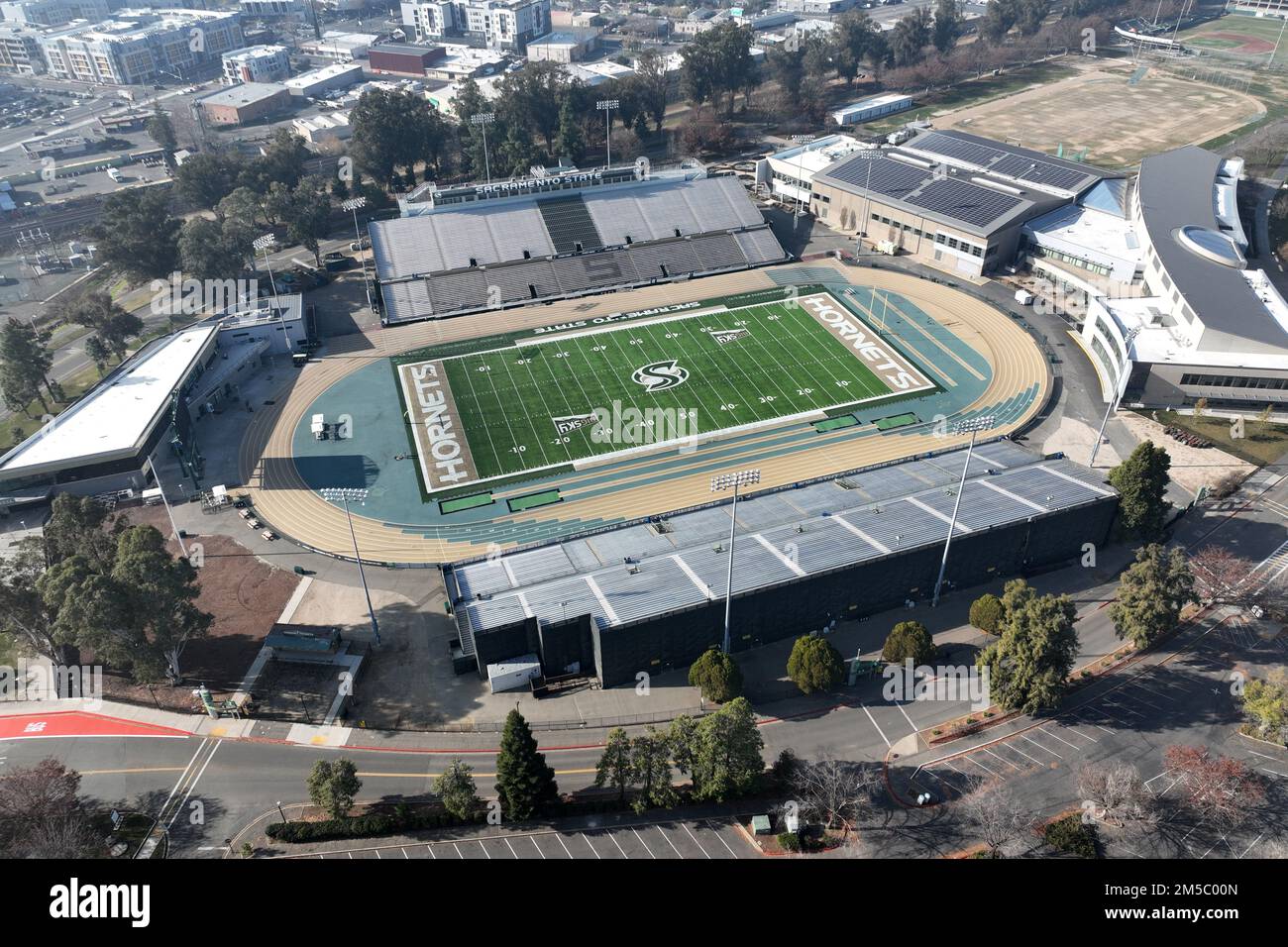 A general overall aerial view of the track and Football field at Hornet ...