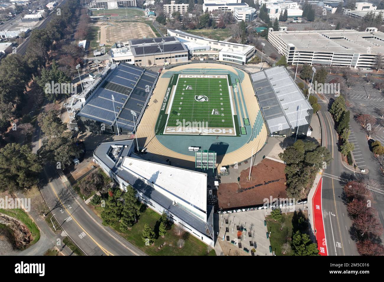 A general overall aerial view of the track and Football field at Hornet ...