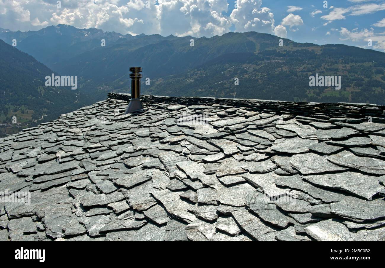Traditional Valais stone slab roof, Mase, municipality of Mont-Noble ...