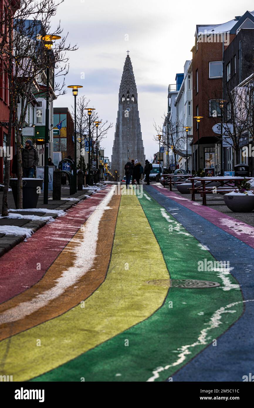 Shopping street Skolavoerdustigur, painted in the colours of the ...