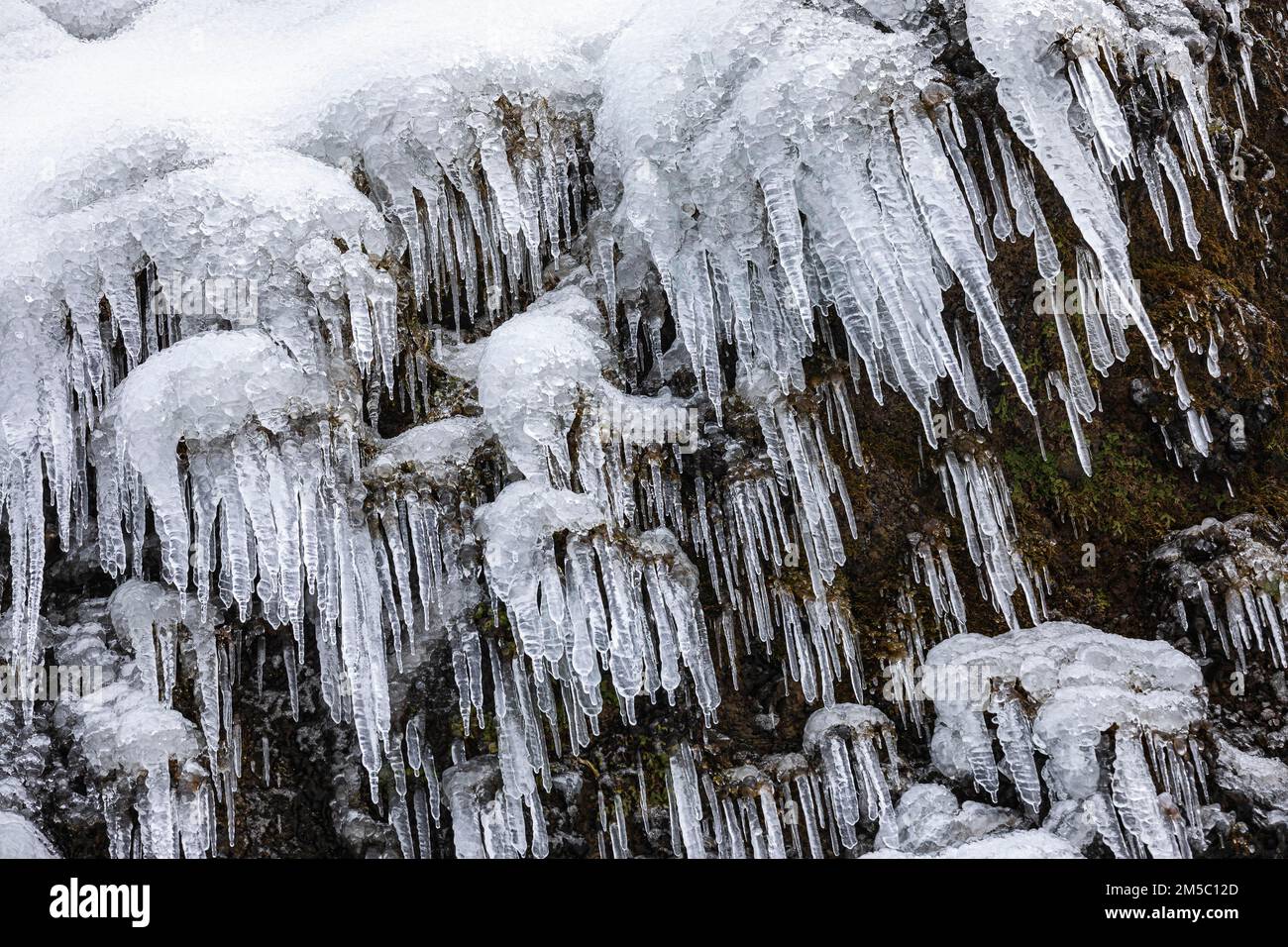 Icicles on the rock face at Skogafoss waterfall, Sudurland, Iceland ...