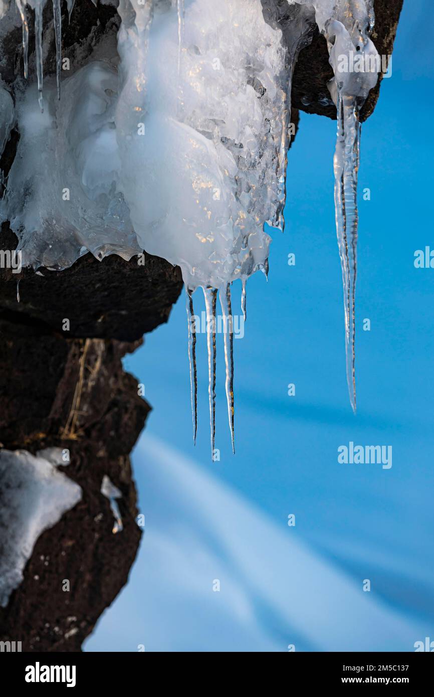 Icicles on a rock face, Thingvellir National Park, Golden Circle ...