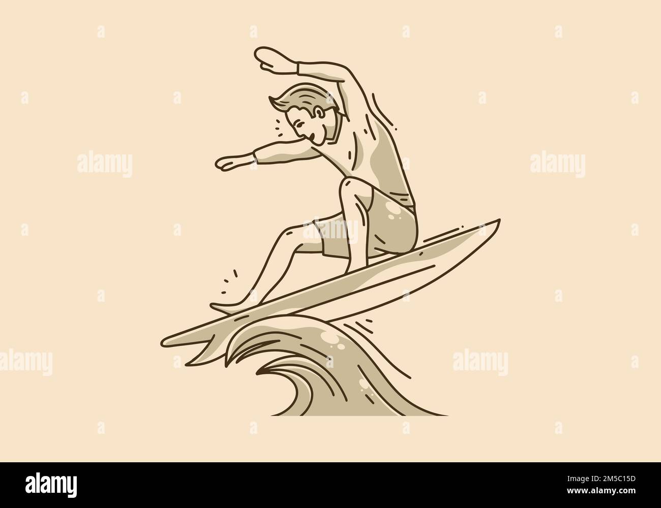 Vintage art illustration of man surfing on the waves Stock Vector Image ...
