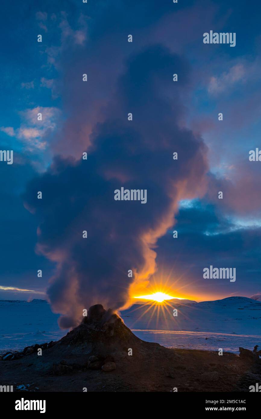 Mud pot with steam source at sunrise, Hverir solfataras field ...